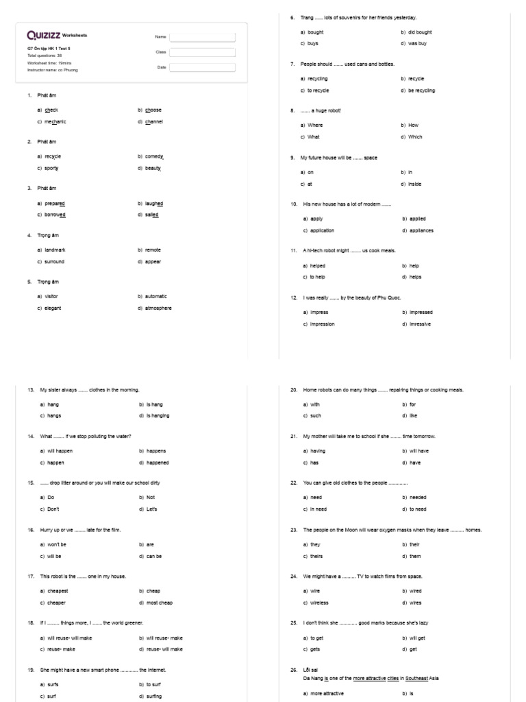 G7 Quizizz Test 5 Answer Key | PDF