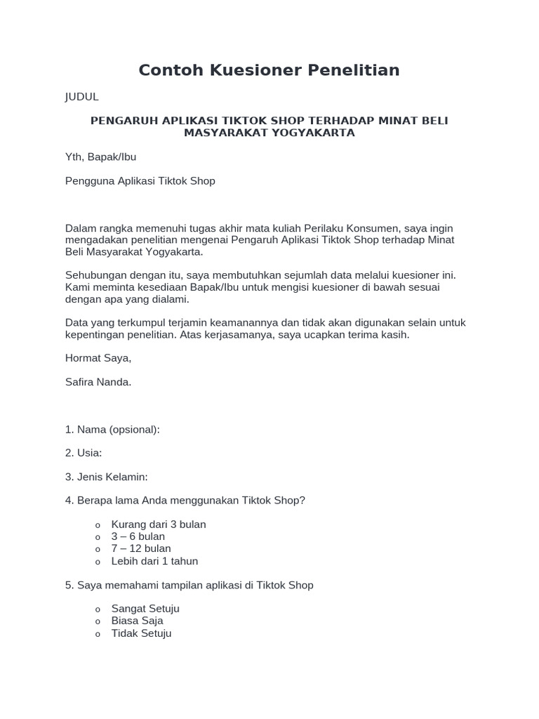 Contoh Kuesioner Penelitian | PDF