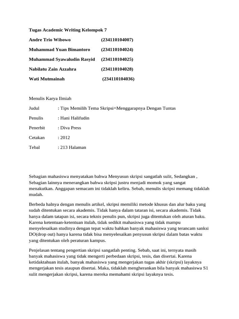 Tugas Resensi Karya Ilmiah Tugas Akhir Academic Writing Kelompok 7 | PDF