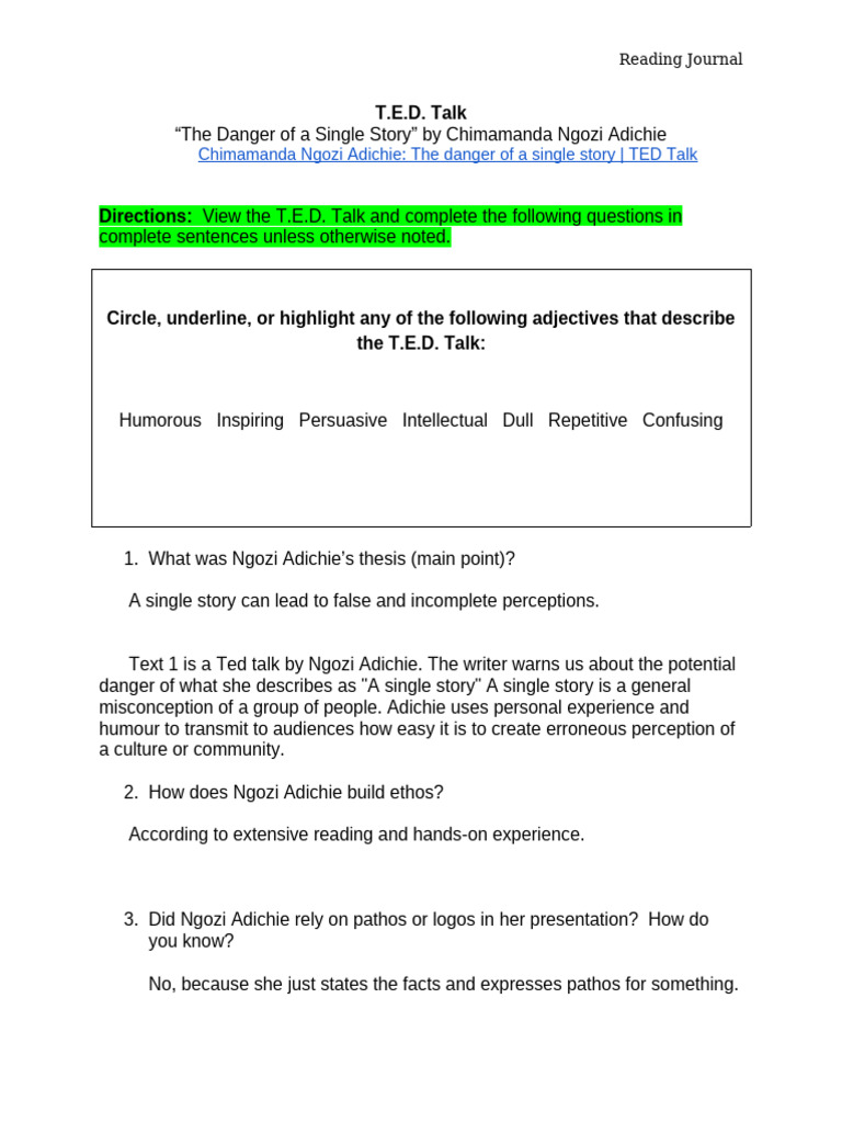 The Danger of A Single Story | PDF | Cognition | Human Communication