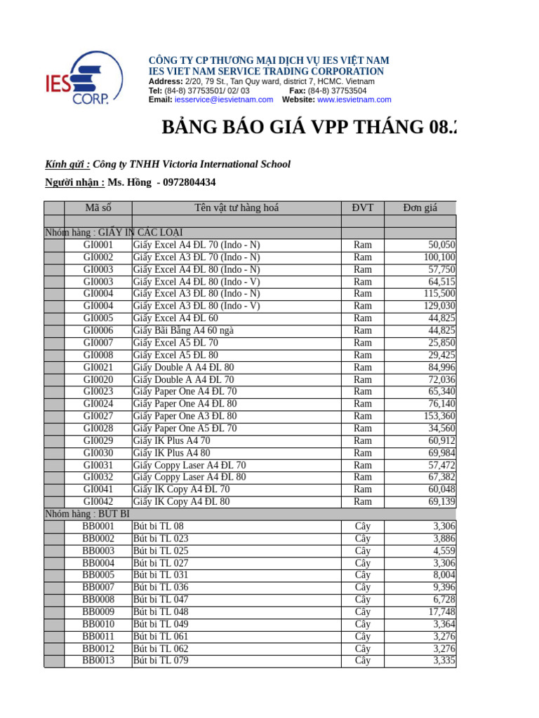 Bao Gia VPP Thang 08-2024 - VSSS | PDF