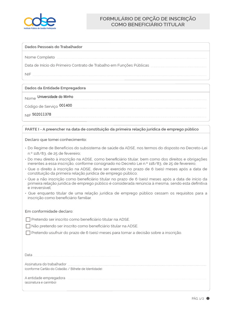 ADSE Formulario Opcao Inscricao Beneficiario Titular Editavel 1 | PDF