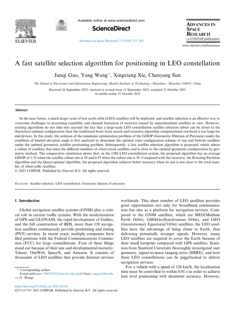 A Fast Satellite Selection Algorithm For Positioning - 2024 - Advances in Space | PDF