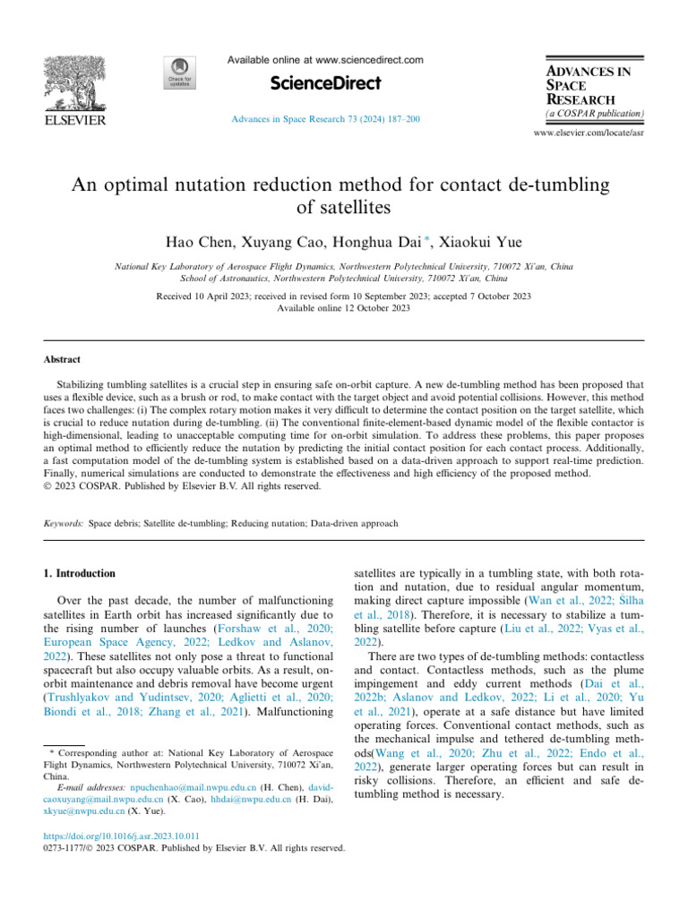 An Optimal Nutation Reduction Method For Contact De 2024 Advances In Space Pdf Force