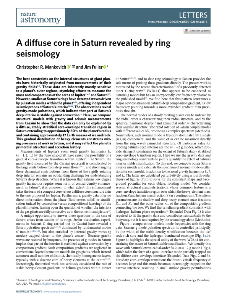 A Diffuse Core in Saturn Revealed by Ring Seismology - Fuller and ...