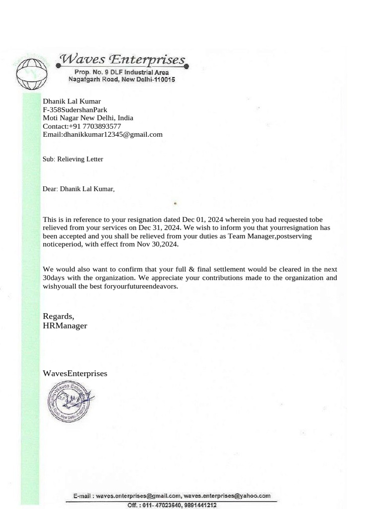 Dhanik Lal Kumar Relieving Letter | PDF