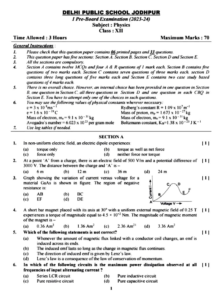 Class 12 Physics Pre-Board 2025 Paper | PDF | Diffraction | Capacitor