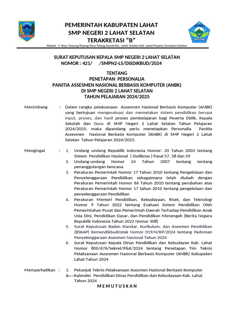 Sk_panitia_anbk Smpn 2 Ls Tahun 2024 | PDF