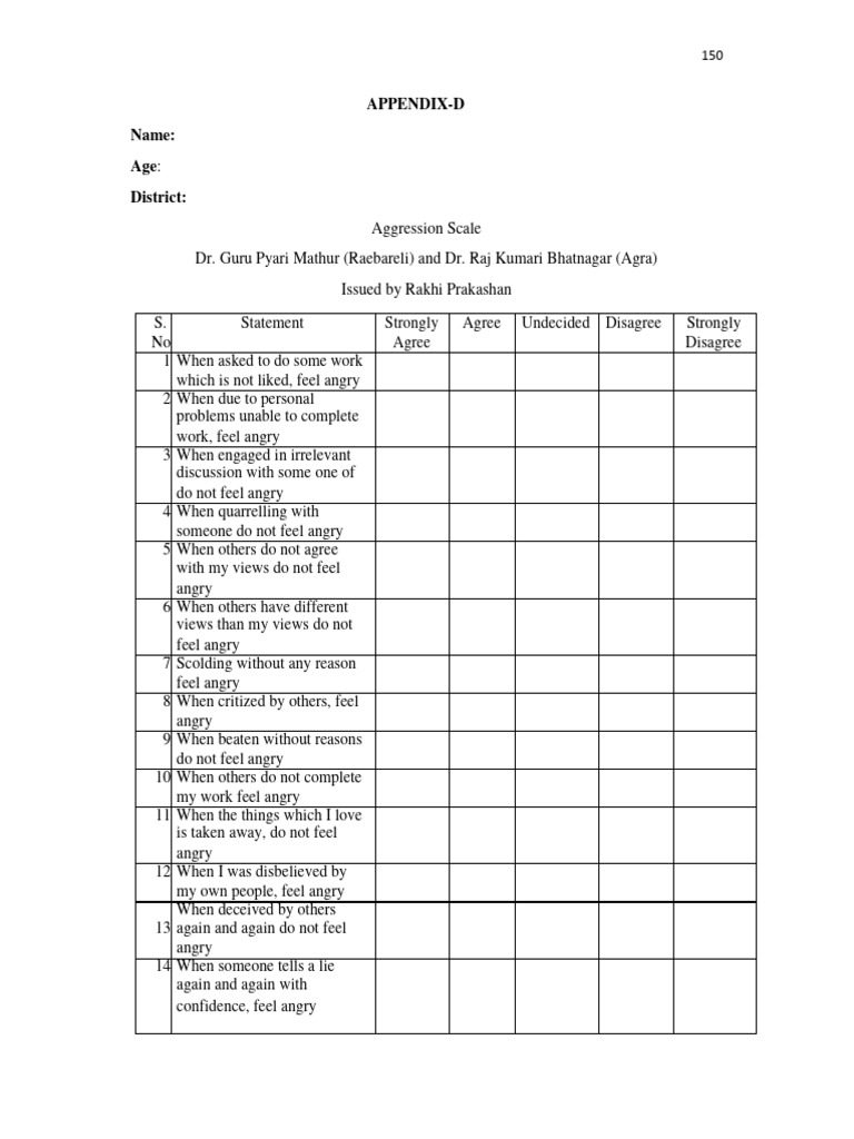 Aggression Scale by Mathur and Bhatnagar | PDF