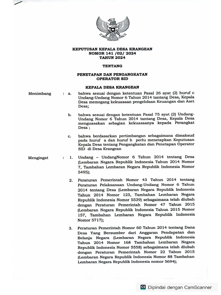 SK Penetapan Dan Pengangkatan Operator Sid 22-01-2024 | PDF