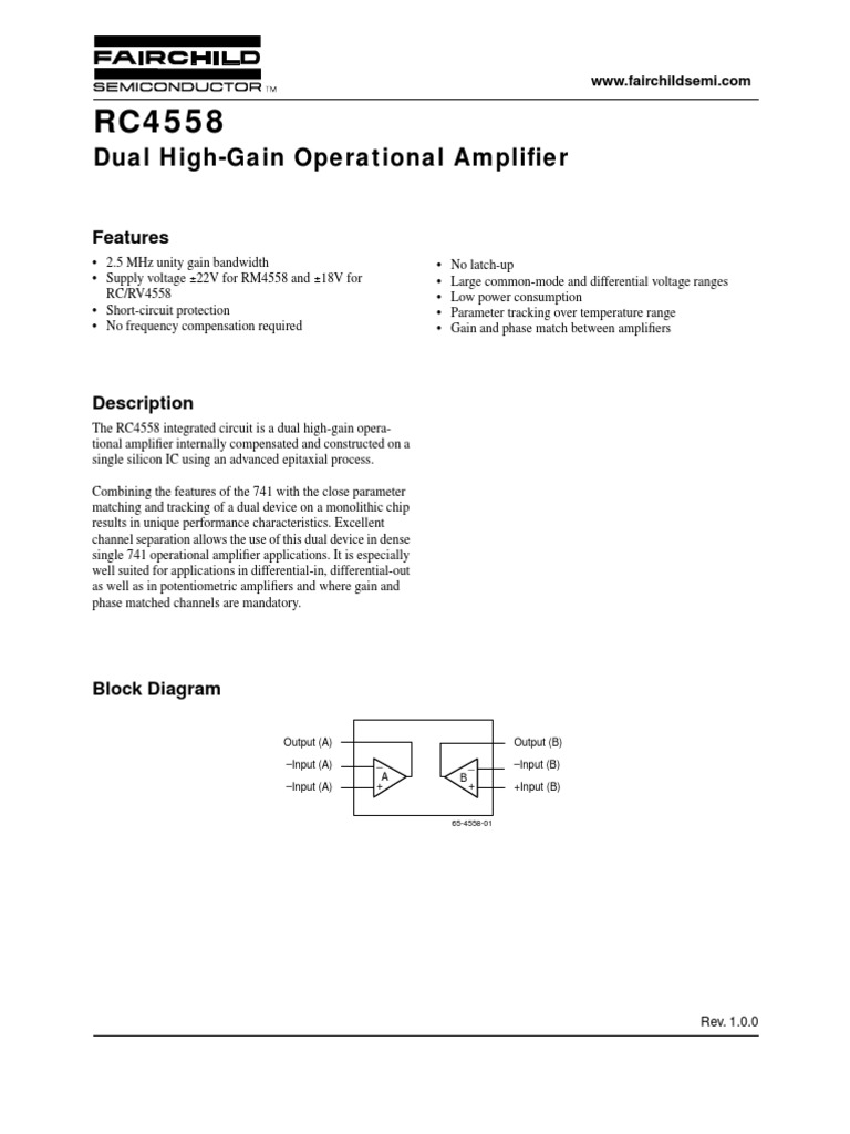 Dual High-Gain Operational Amplifier RC4558: Product Specification ...