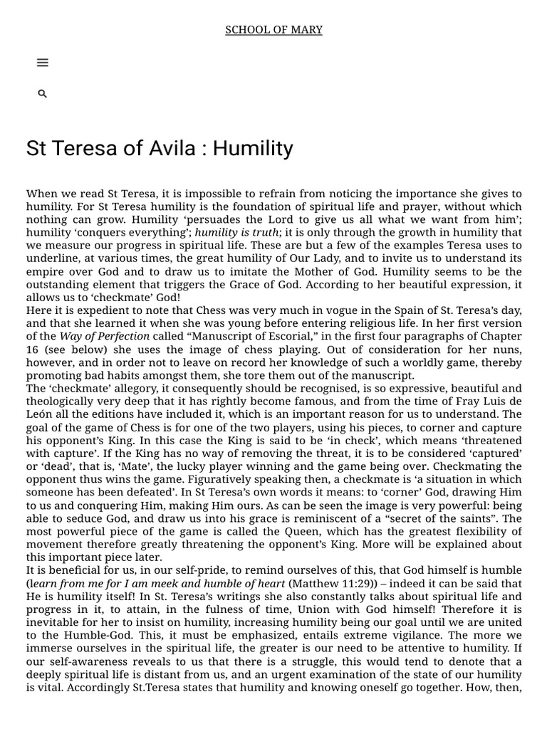 ST Teresa of Avila - Humility - School of Mary | PDF | Humility | Teresa Of Ávila