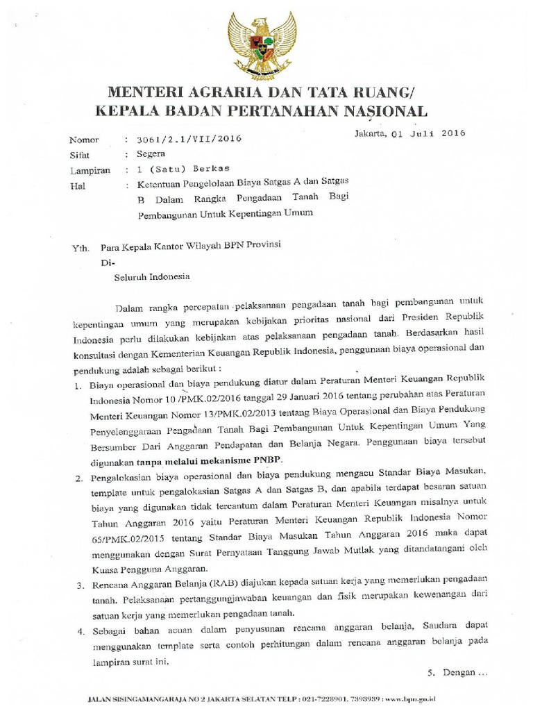Surat Edaran Menteri ATR Ketentuan Pengelolaan Biaya | PDF