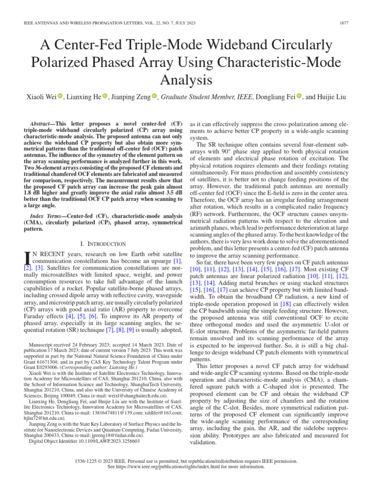 A Center-Fed Triple-Mode Wideband Circularly Polarized Phased Array Using Characteristic-Mode ...