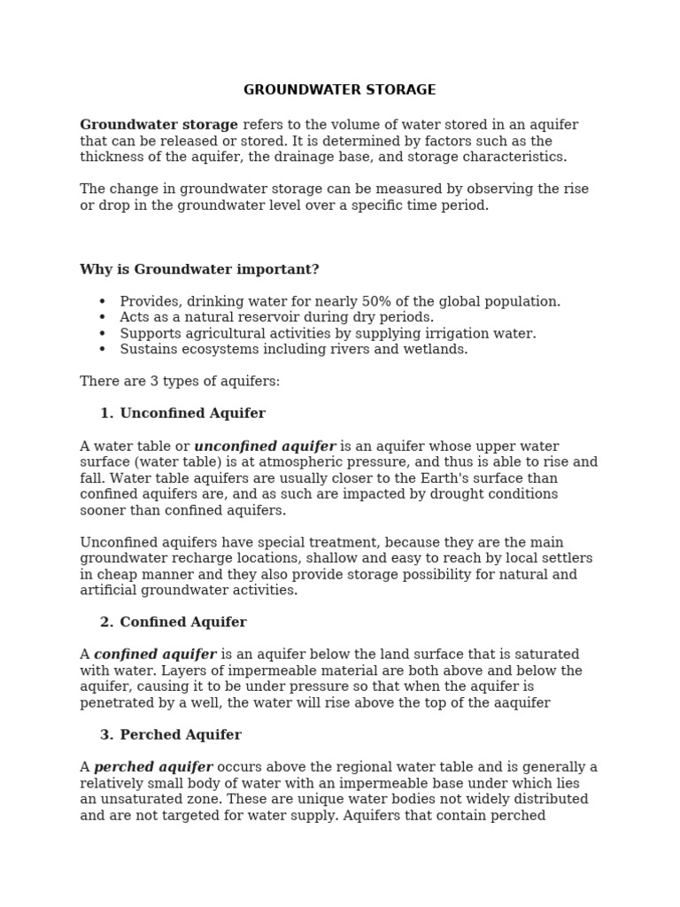 Groundwater Storage Notes | PDF | Groundwater | Aquifer