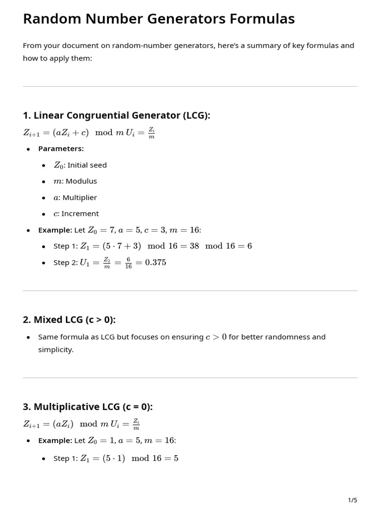 Random Number Generators Formulas | PDF