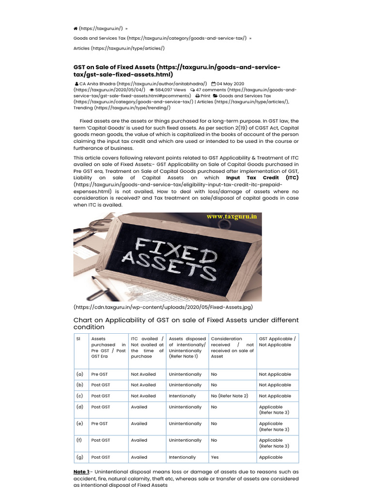 GST on Sale of Fixed Assets Explained | PDF | Value Added Tax | Taxes