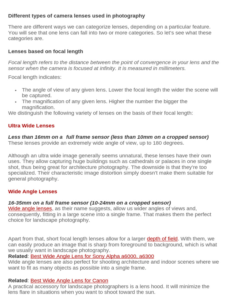 Types of Camera Lenses Explained | PDF | Camera Lens | Zoom Lens