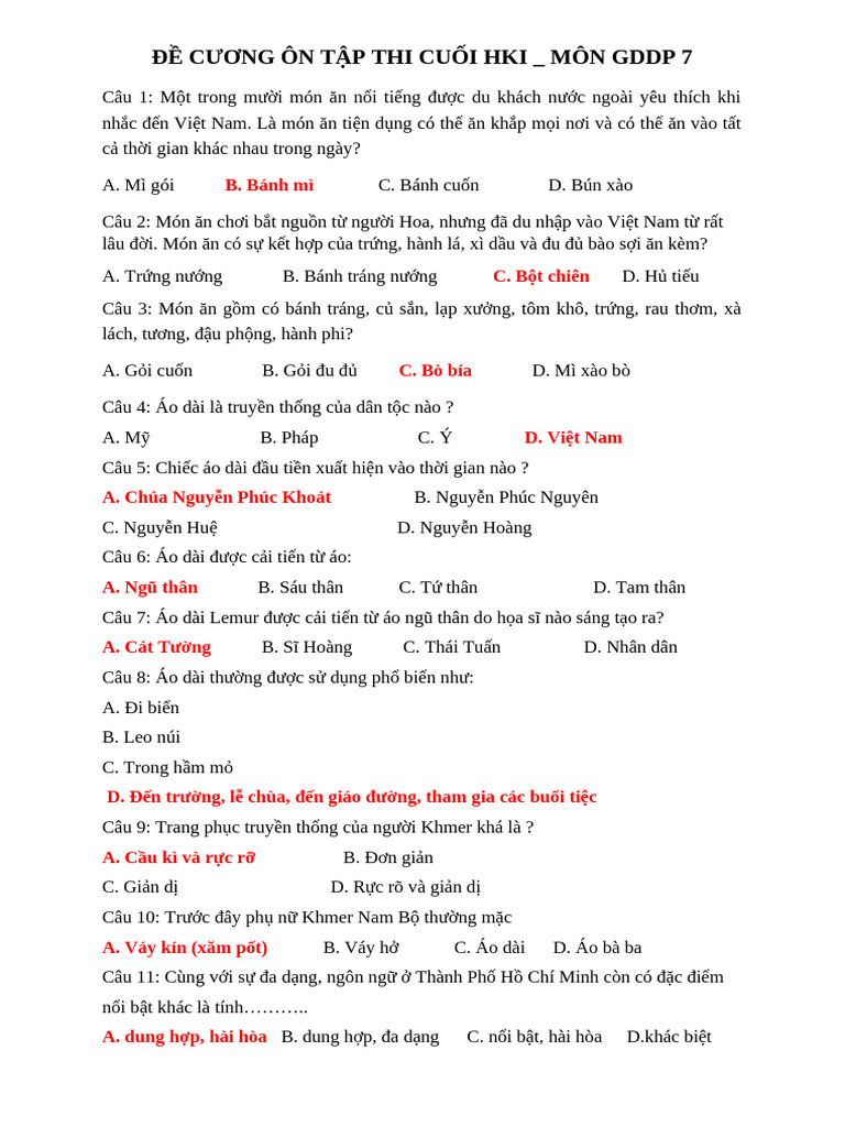 ĐC ÔN THI CUỐI KÌ I GDDP 7 | PDF