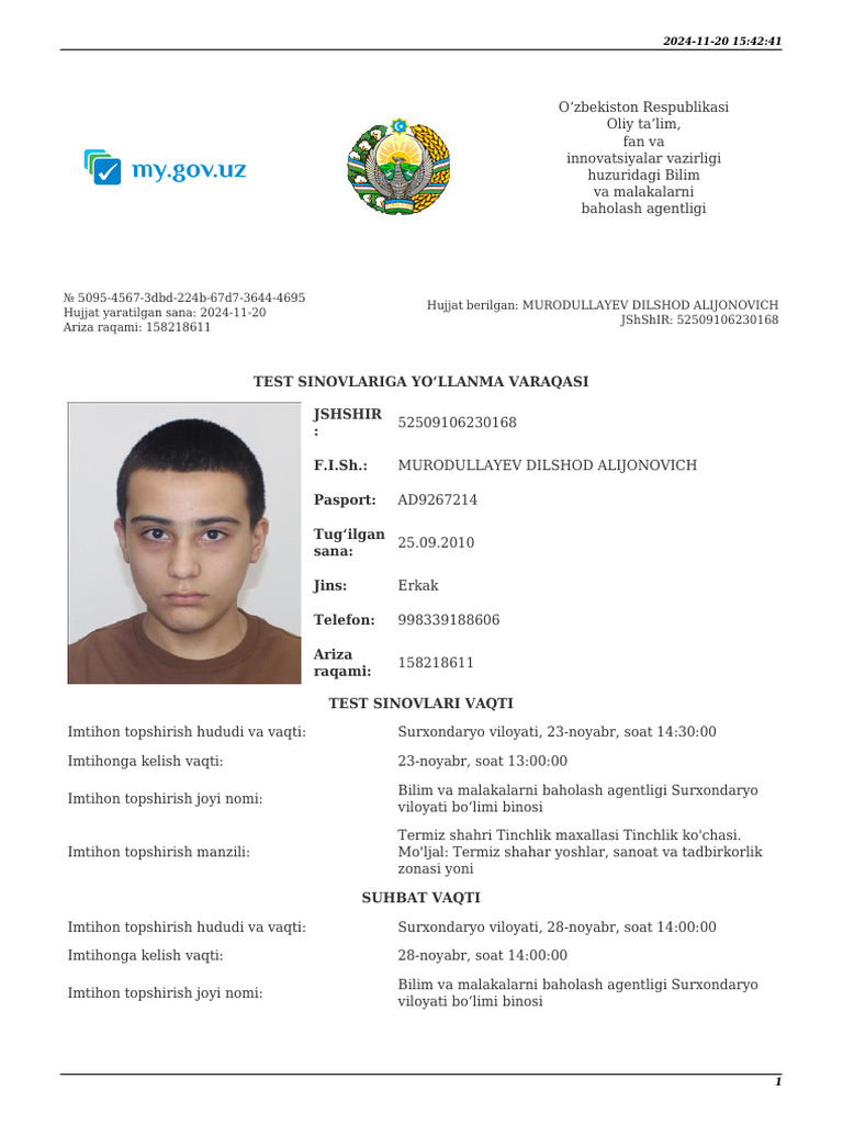 Test Sinovlariga Yo Llanma Varaqasi Jshshir: F.I.Sh.: Pasport: Tug ...