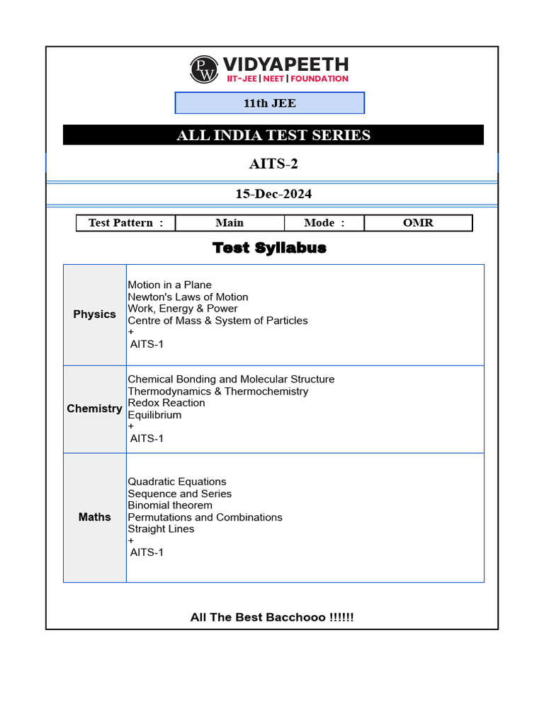 AITS Test - 02 - Test Syllabus (15-12-2024) | PDF
