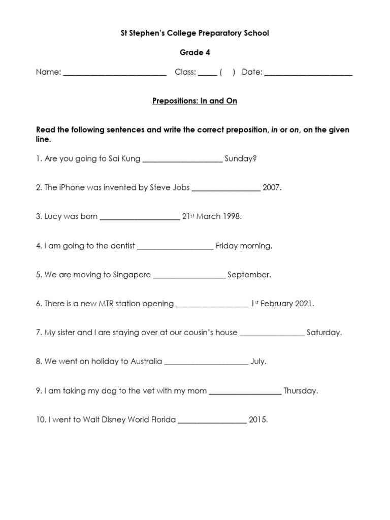 Grade 4 Prepositions Worksheet | PDF