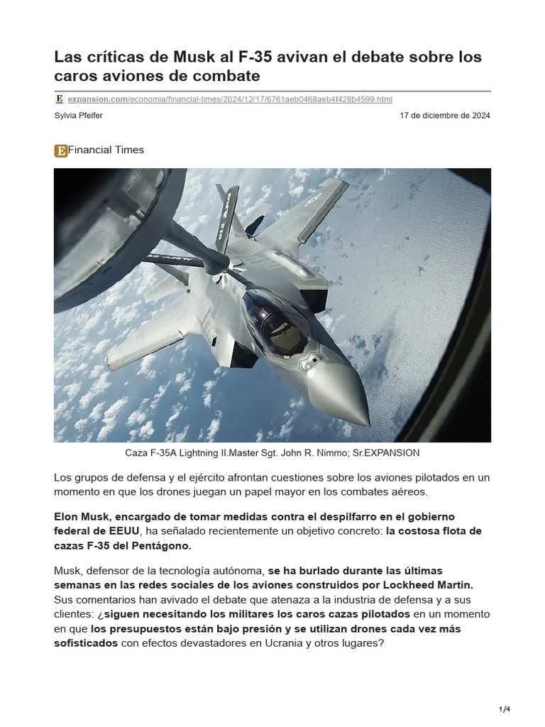 Las Críticas de Musk Al F-35 | PDF | Avión de combate | Lockheed Martin F 35 Lightning Ii