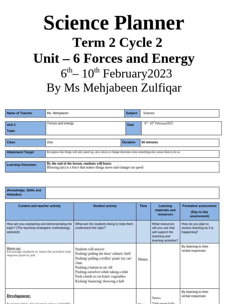 Science Planner Week 6 Lesson 2 | PDF | Learning | Force
