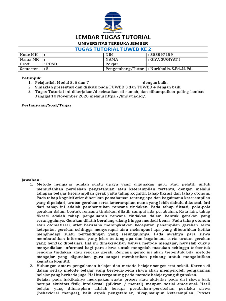 TT2 GIYA SUGIYTI - 858897159 Lembar Tugas Tutorial - TUWEB 2 - PDGK 4105 | PDF