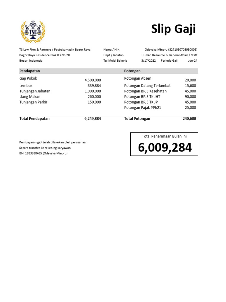 Slip Gaji Odayaka Minoru Juni 2024 | PDF