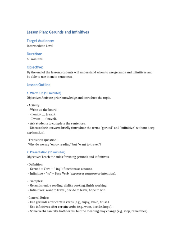 Lesson Plan Gerunds and Infinitives | PDF