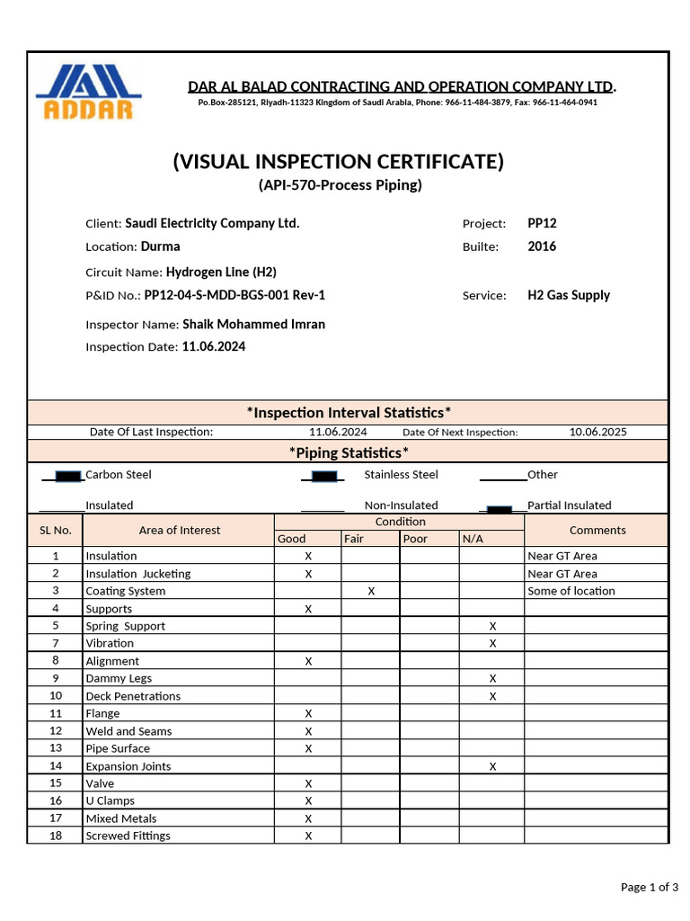 H2 Piping Inspection Certificate | PDF | Corrosion | Coating
