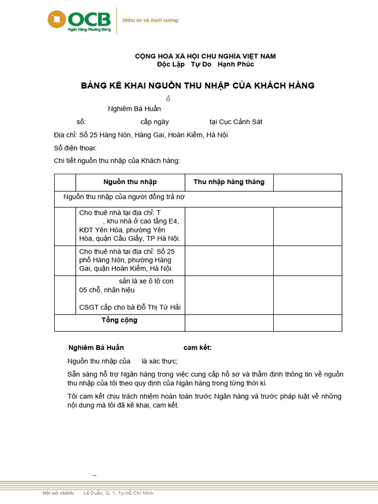 MB01 - Bang Ke Khai Thu Nhap KHCN | PDF