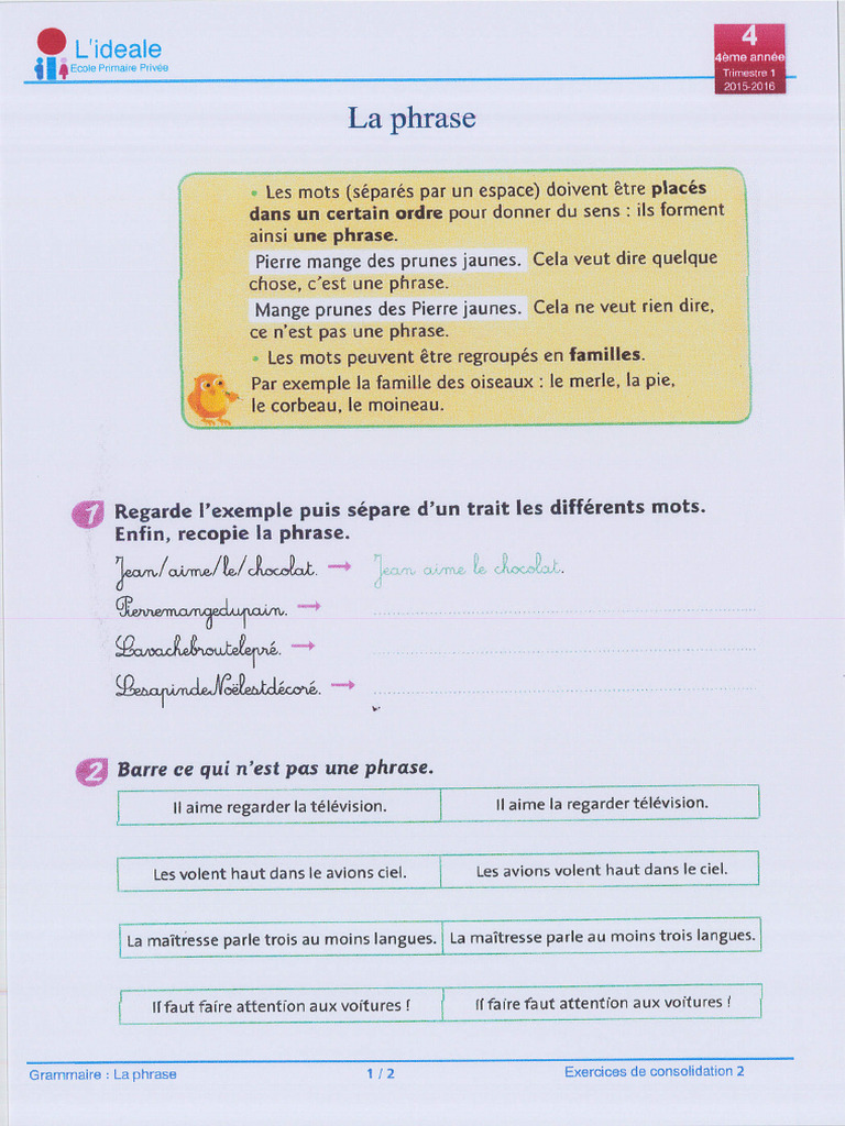 Exercices de Consolidation en Français - La Phrase - 1er Trimèstre ...