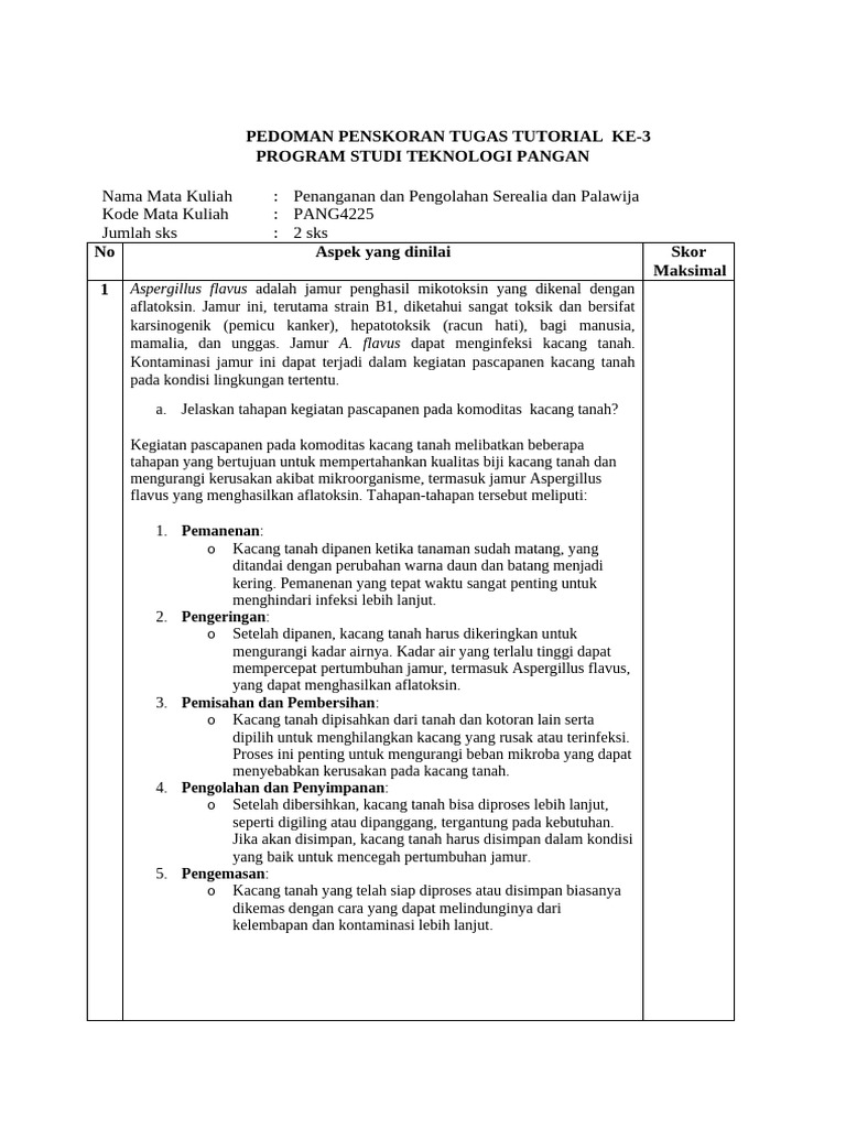 Tugas Tuton 3 Penanganan Dan Pengolahan Serealia Dan Palawija PANG4225 | PDF