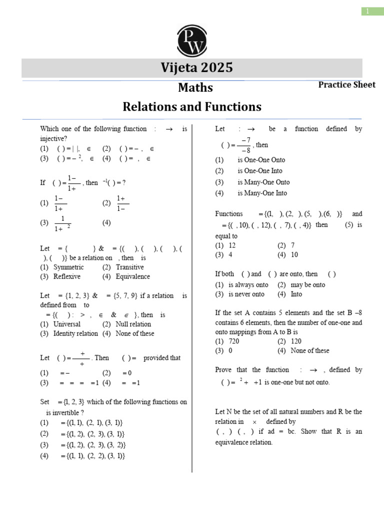 Relations And Functions Practice Sheet Vijeta 2025 Pdf Mathematical Objects