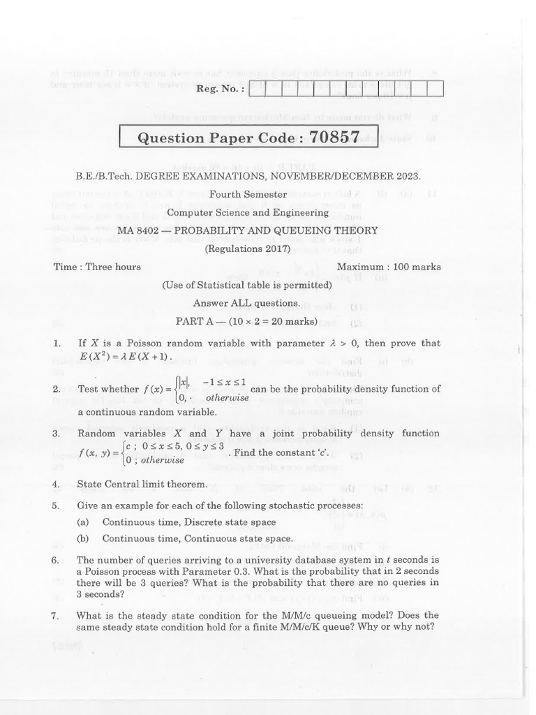 CSE-ND-2023-MA 8402-Probability and Queueing Theory-364268749-70857 | PDF