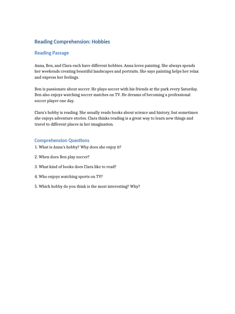 Hobbies Reading Comprehension Worksheet | PDF