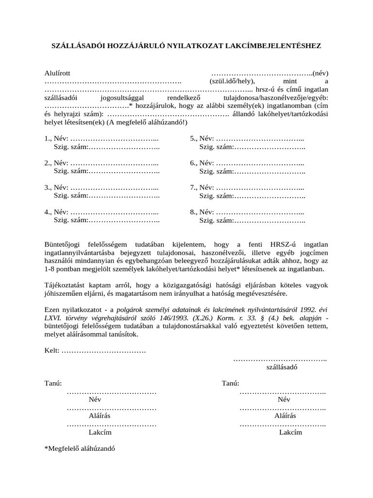 Szállásadói Nyilatkozat | PDF