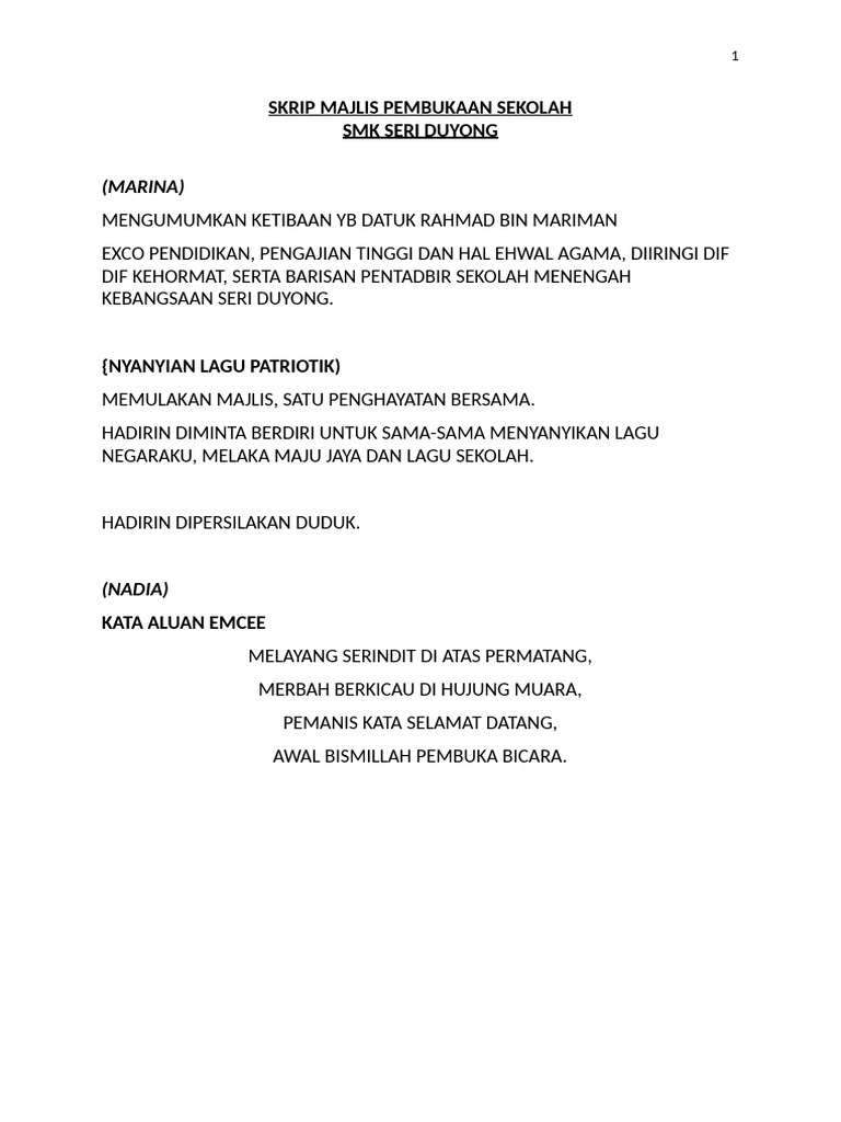 Teks Majlis Pembukaan Sekolah (Latest) | PDF