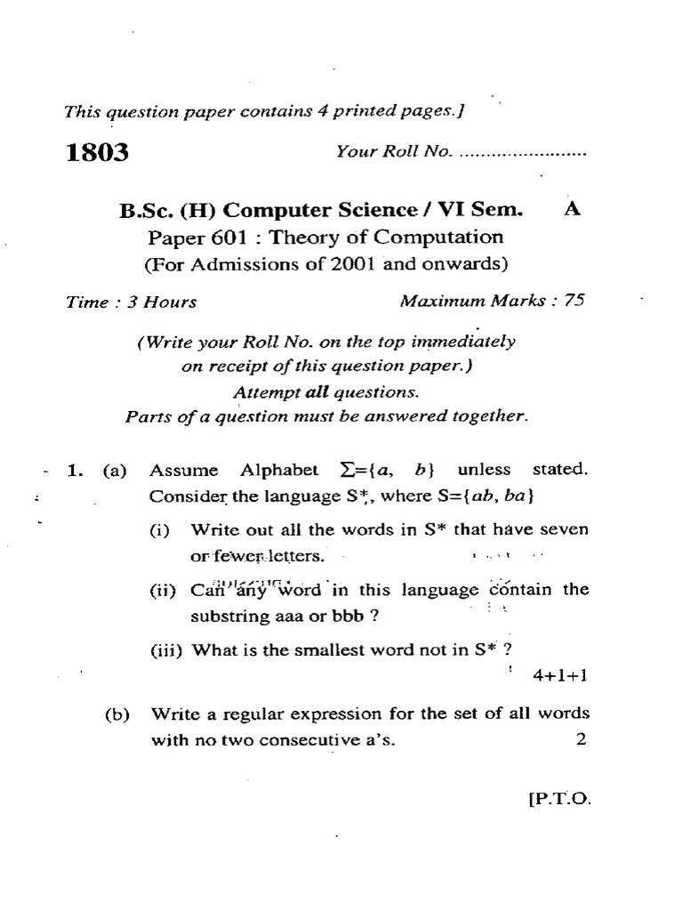 B.sc. (Hons) Computer Science Vi Sem Paper 601 - Theory of Computer | PDF