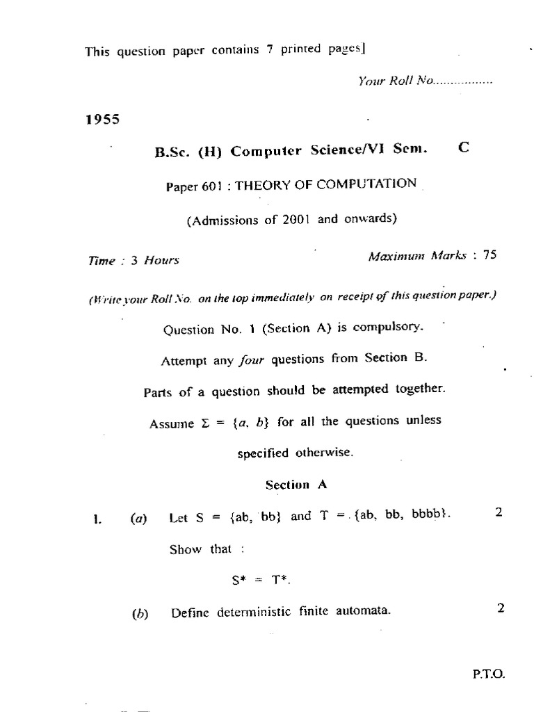 BSC (H) COMPUTER SCIENCE VI-SEM PAPER-601 THEORY OF COMPUTATION | PDF