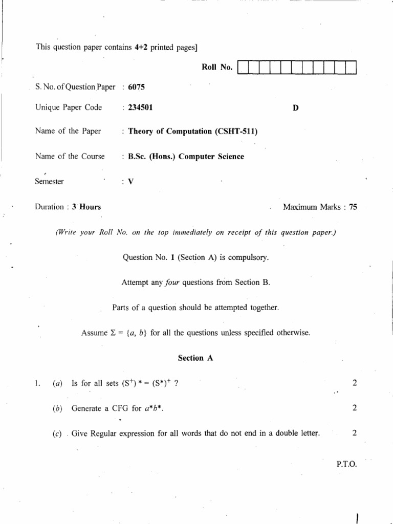 B.sc. (Hons.) Computer Science Theory of Computation (CSHT-511) SEM-V (6075) | PDF | Theory Of ...
