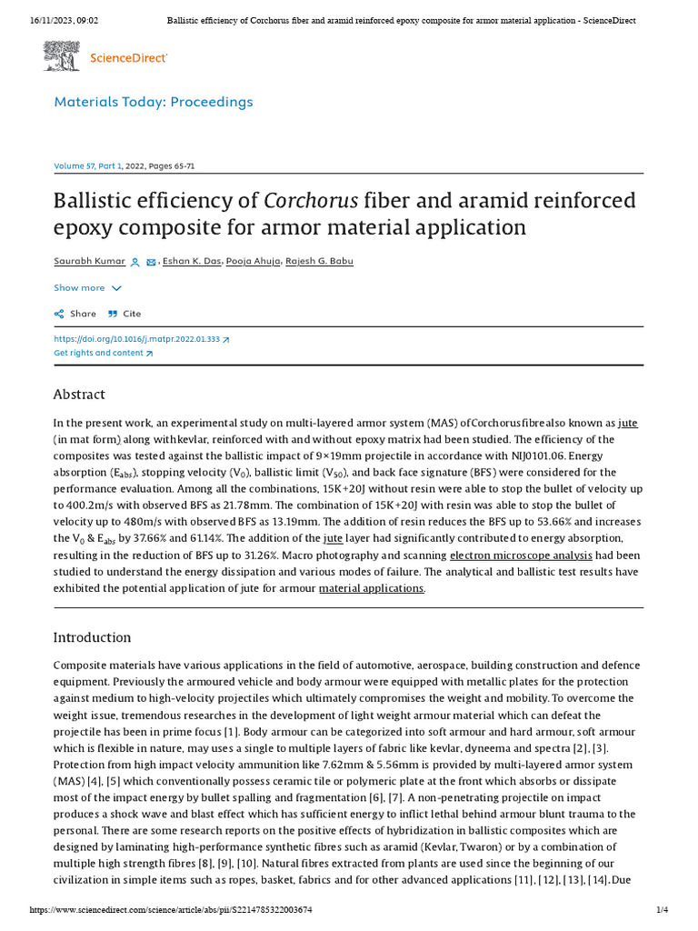 Ballistic efficiency of Corchorus fiber and aramid reinforced epoxy ...