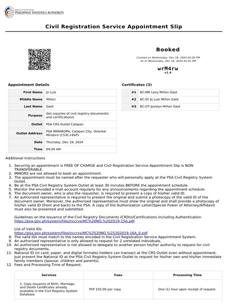 Sample PSA appointment | PDF | Identity Document | Government