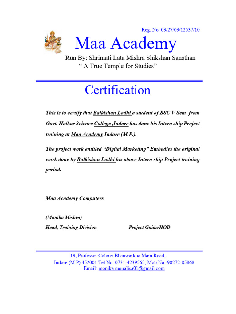 Internship Certification for Digital Marketing | PDF