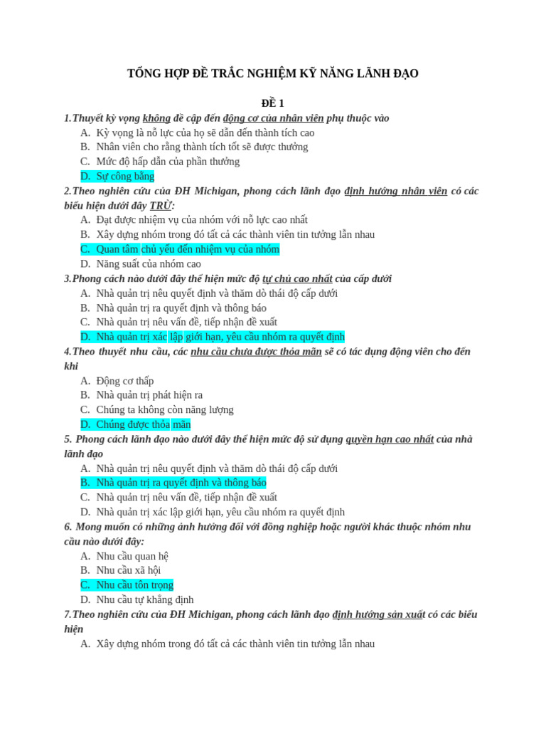 Tong Hop de Trac Nghiem Ky Nang Lanh Dao | PDF