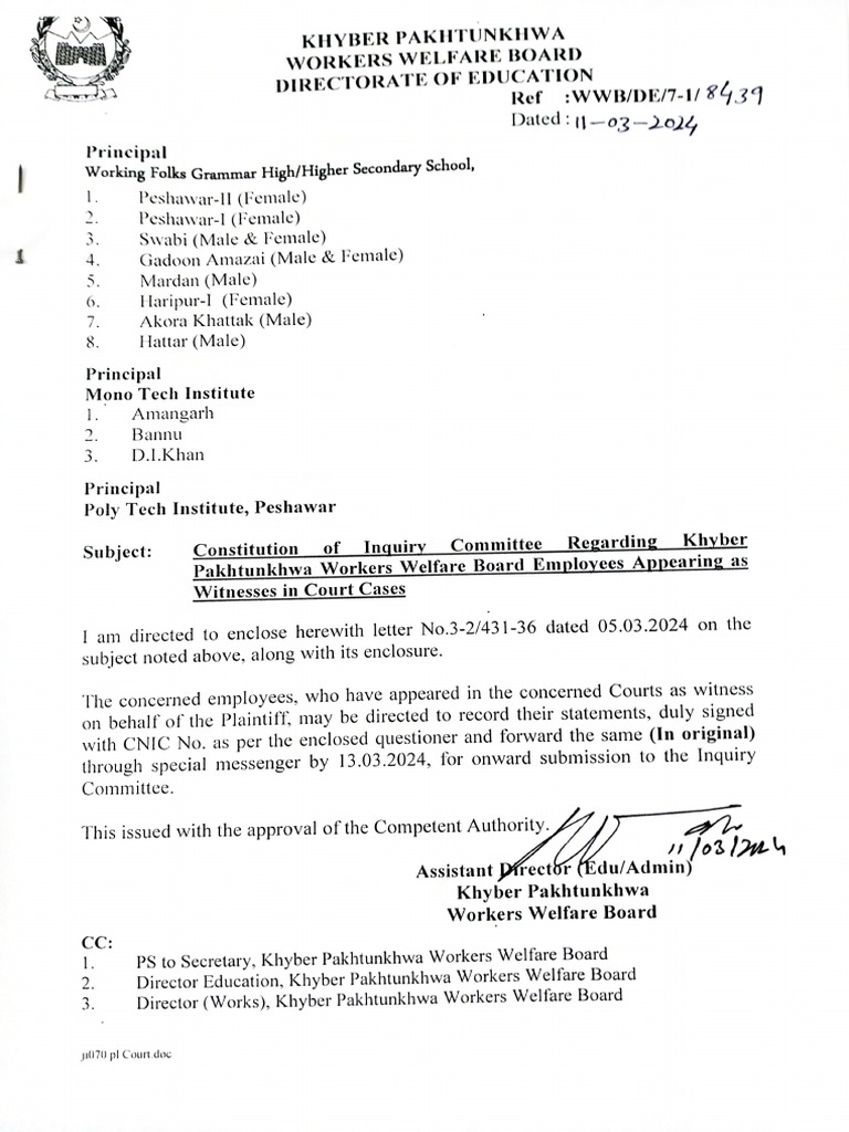 Constitution of Inquiry Committee Regarding WWB KP Employees Appearing ...