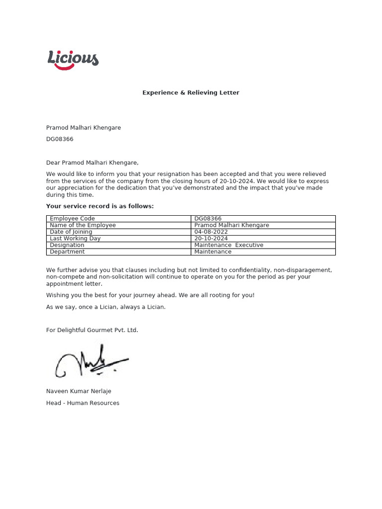 Experience & Relieving Letter | PDF