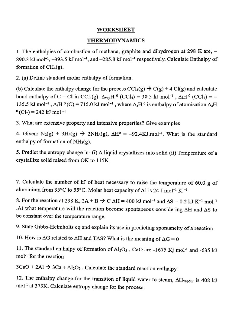 Thermodynamics Worksheet | PDF